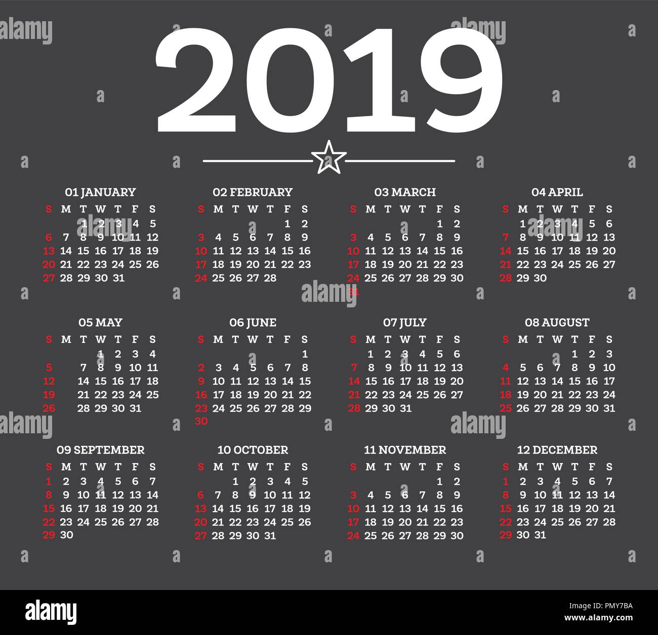 Simple 2019 year calendar week hi-res stock photography and images - Alamy