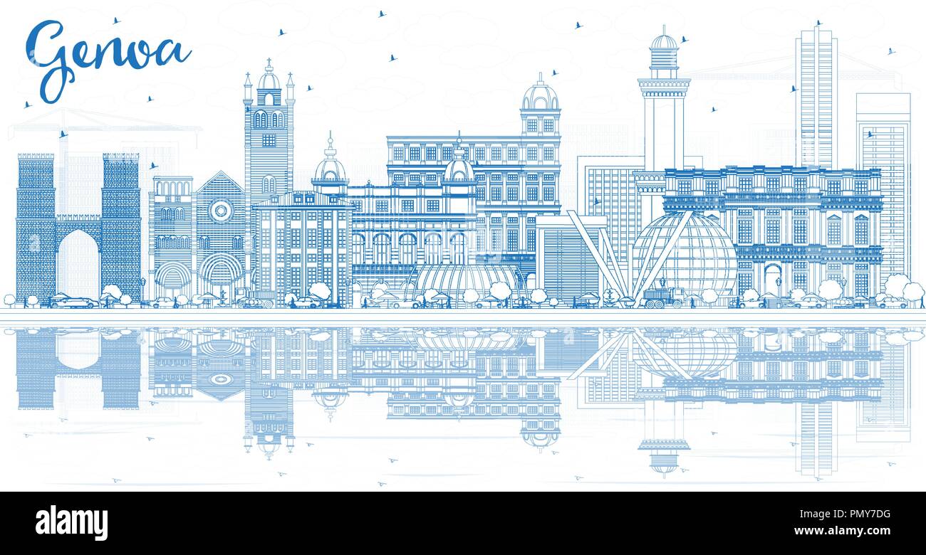 Outline Genoa Italy City Skyline with Blue Buildings and Reflections ...