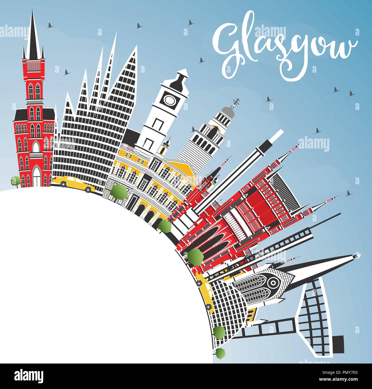 Glasgow Scotland City Skyline with Color Buildings, Blue Sky and Copy ...