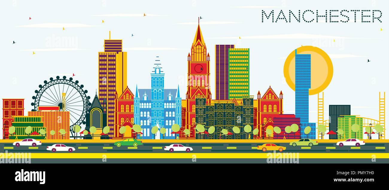 Manchester Skyline with Color Buildings and Blue Sky. Vector ...