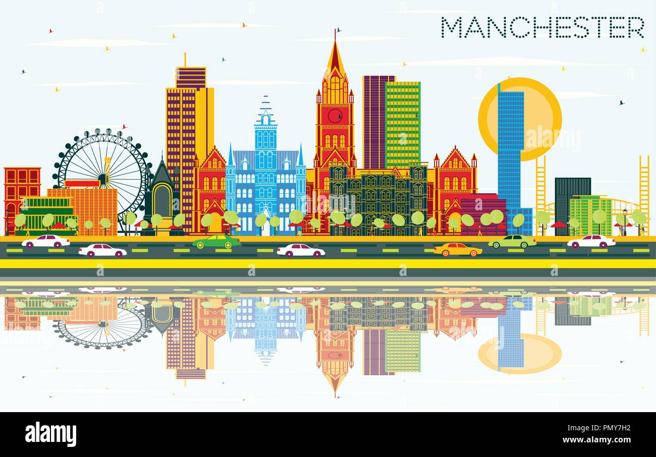 Manchester Skyline with Color Buildings, Blue Sky and Reflections ...