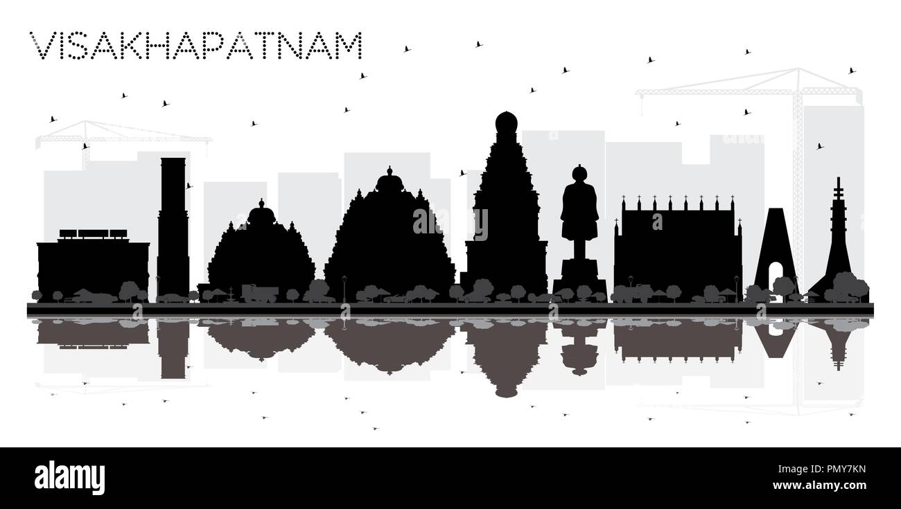 Visakhapatnam India City skyline black and white silhouette with ...