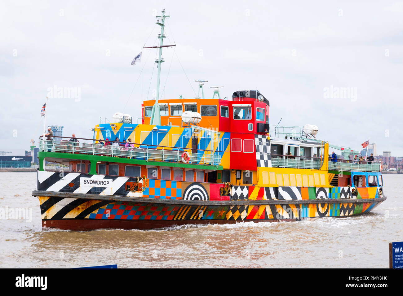 Liverpool Merseyside iconic Mersey Ferry boat ship Snowdrop flag red ...