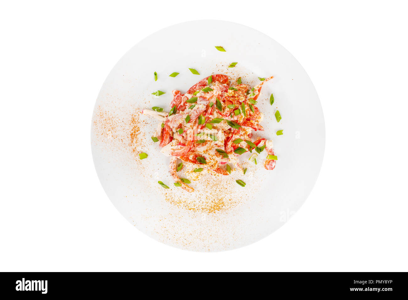 Salad with Bulgarian pepper, meat, chicken, squid, crab sticks, egg ...