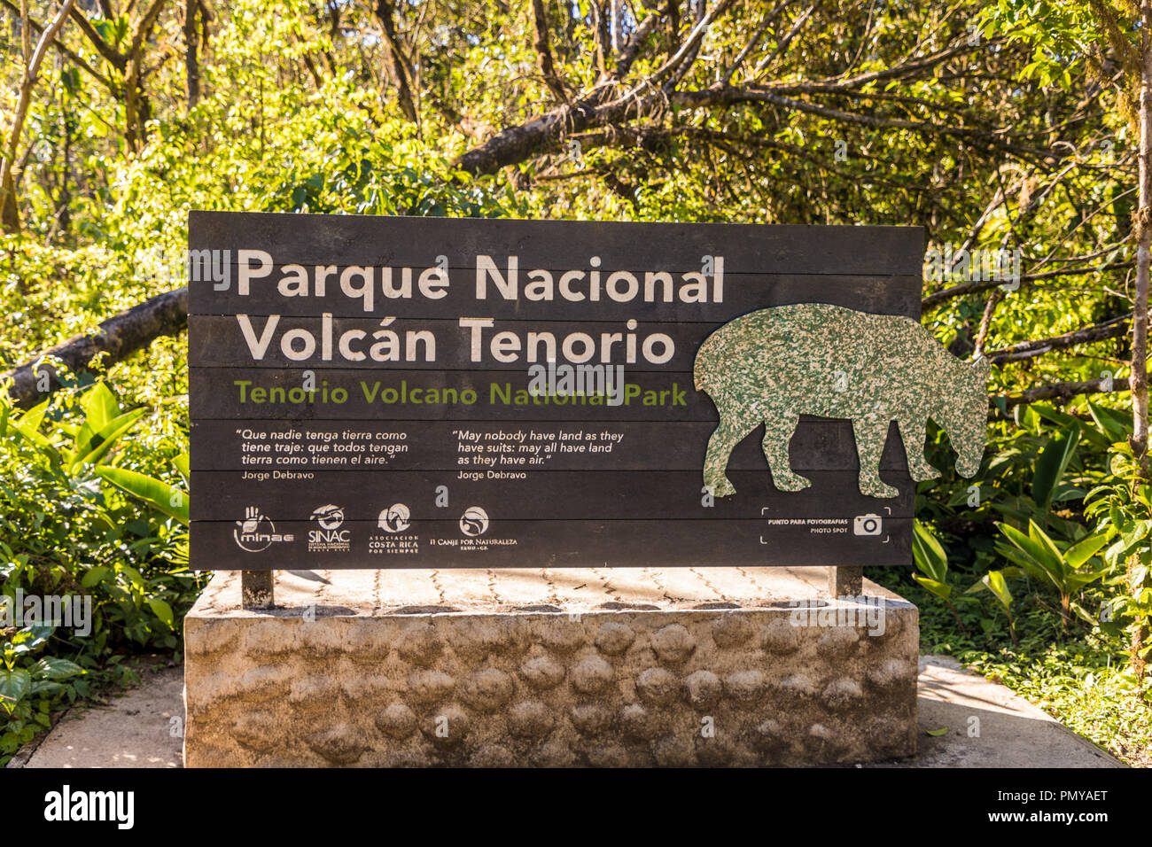 La Fortuna, Costa Rica. March 2018. A v wooden sign at The Tenorio ...