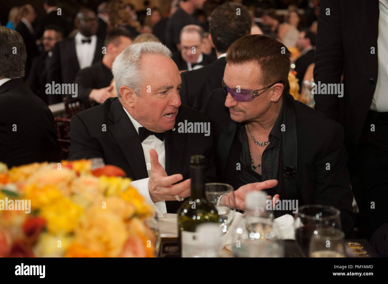 Lorne Michaels and Bono at the 71st Annual Golden Globe Awards at the ...