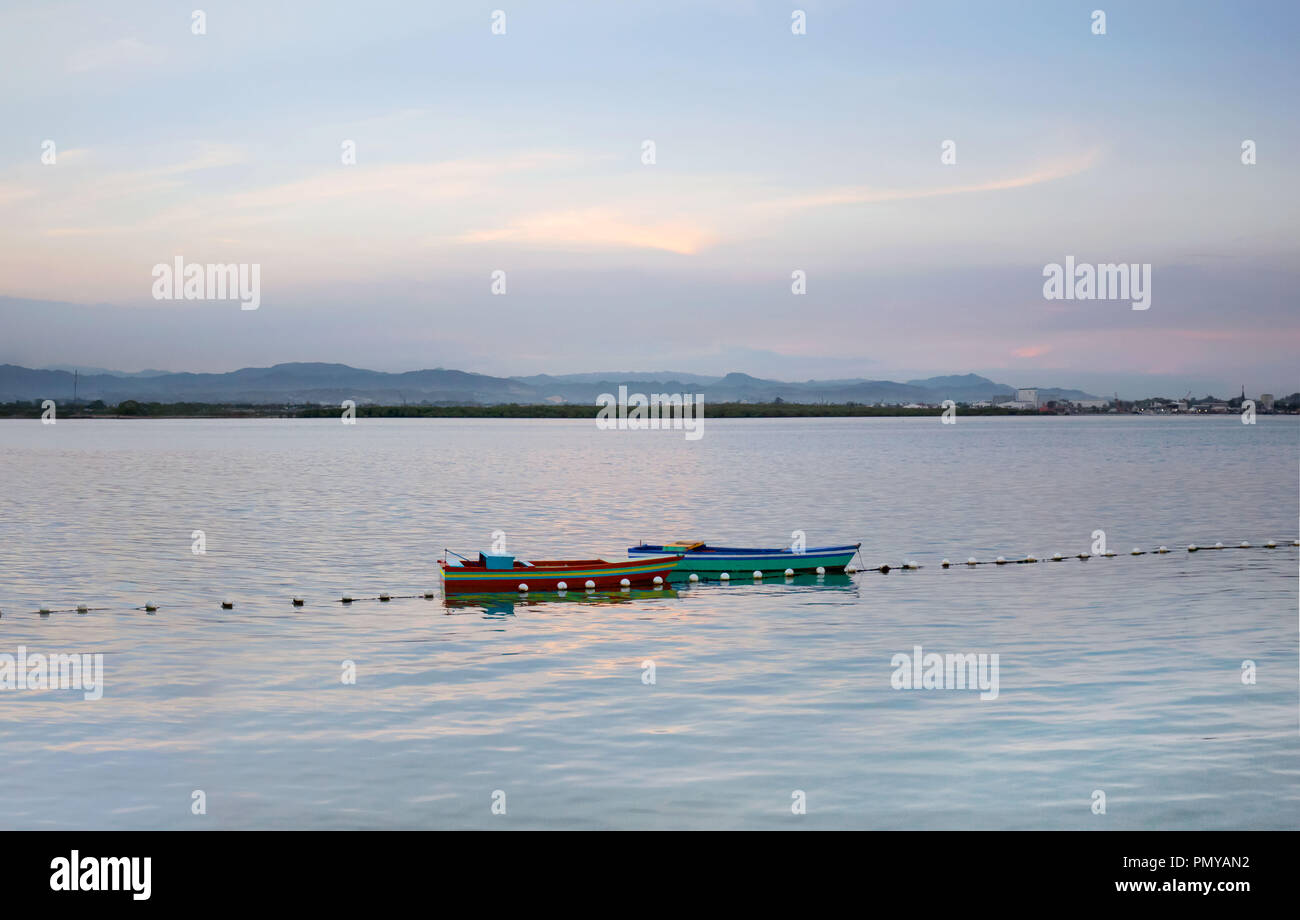 little boats, two boats, rowboat in Sunset artistic Photo, buoy line ...
