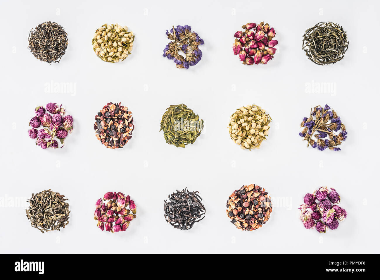 collection of dried herbal organic tea isolated on white Stock Photo ...