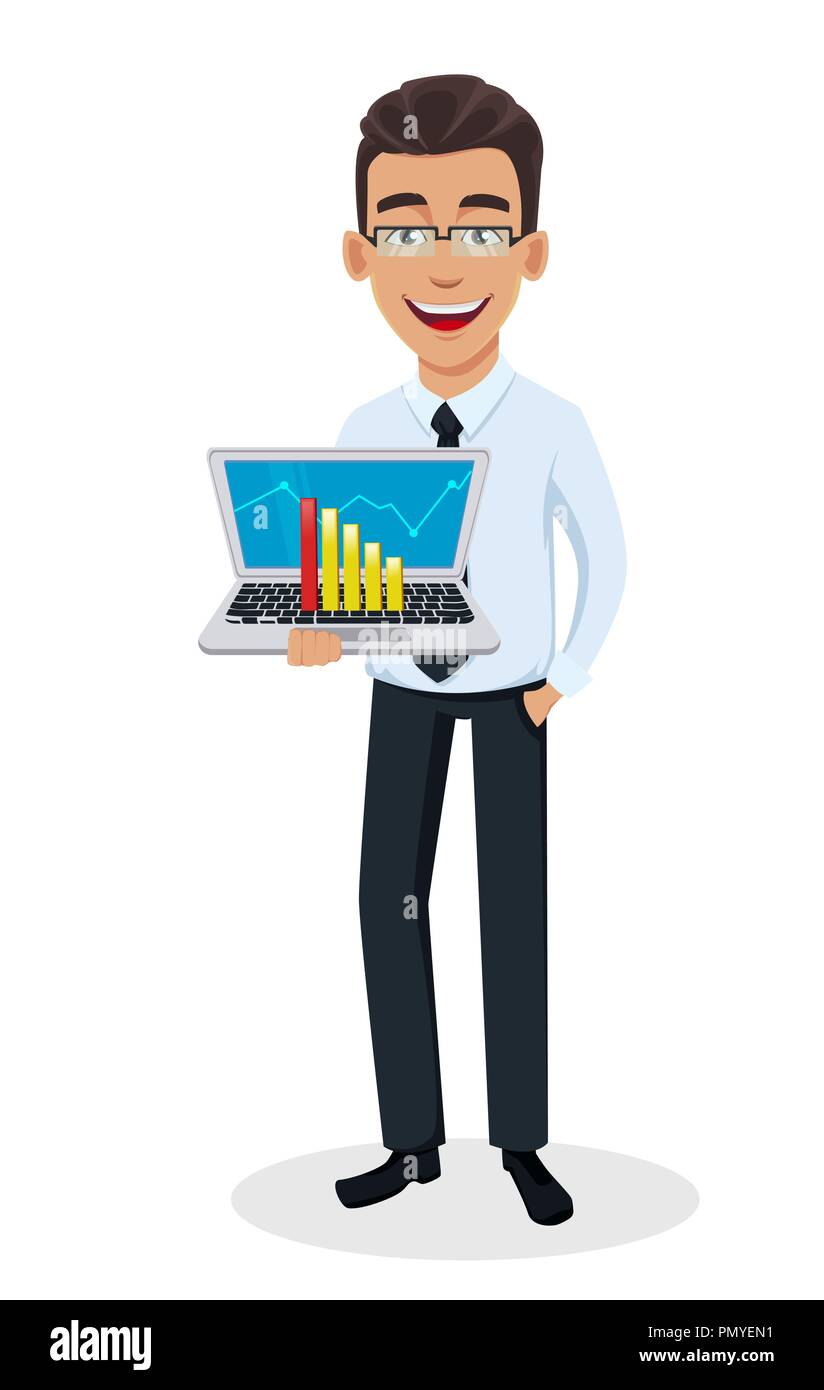Business man cartoon character holding laptop with chart. Young ...