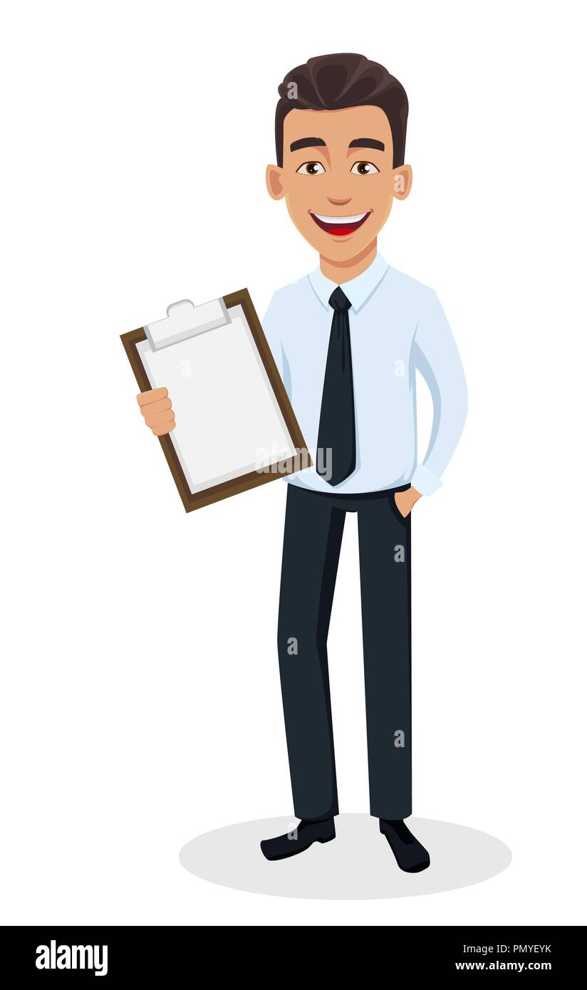 Business Man Cartoon Character Holding Clipboard Young Handsome