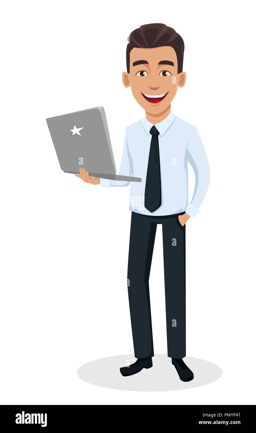 Business man cartoon character holding modern laptop. Young handsome ...