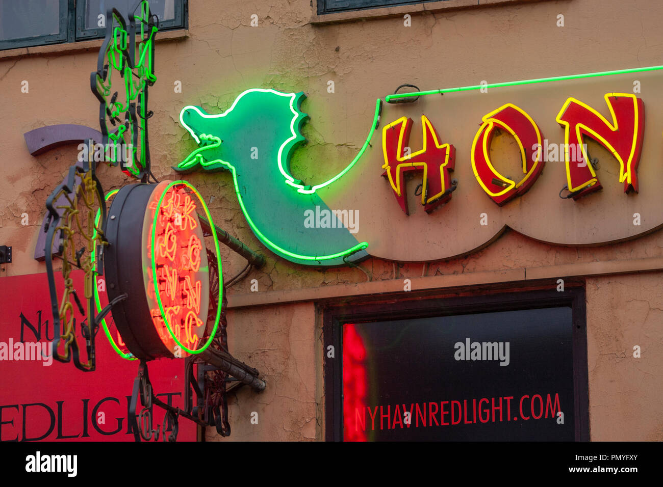 Hong Kong neon sign in Nyhavn, 17th-century waterfront, canal and ...