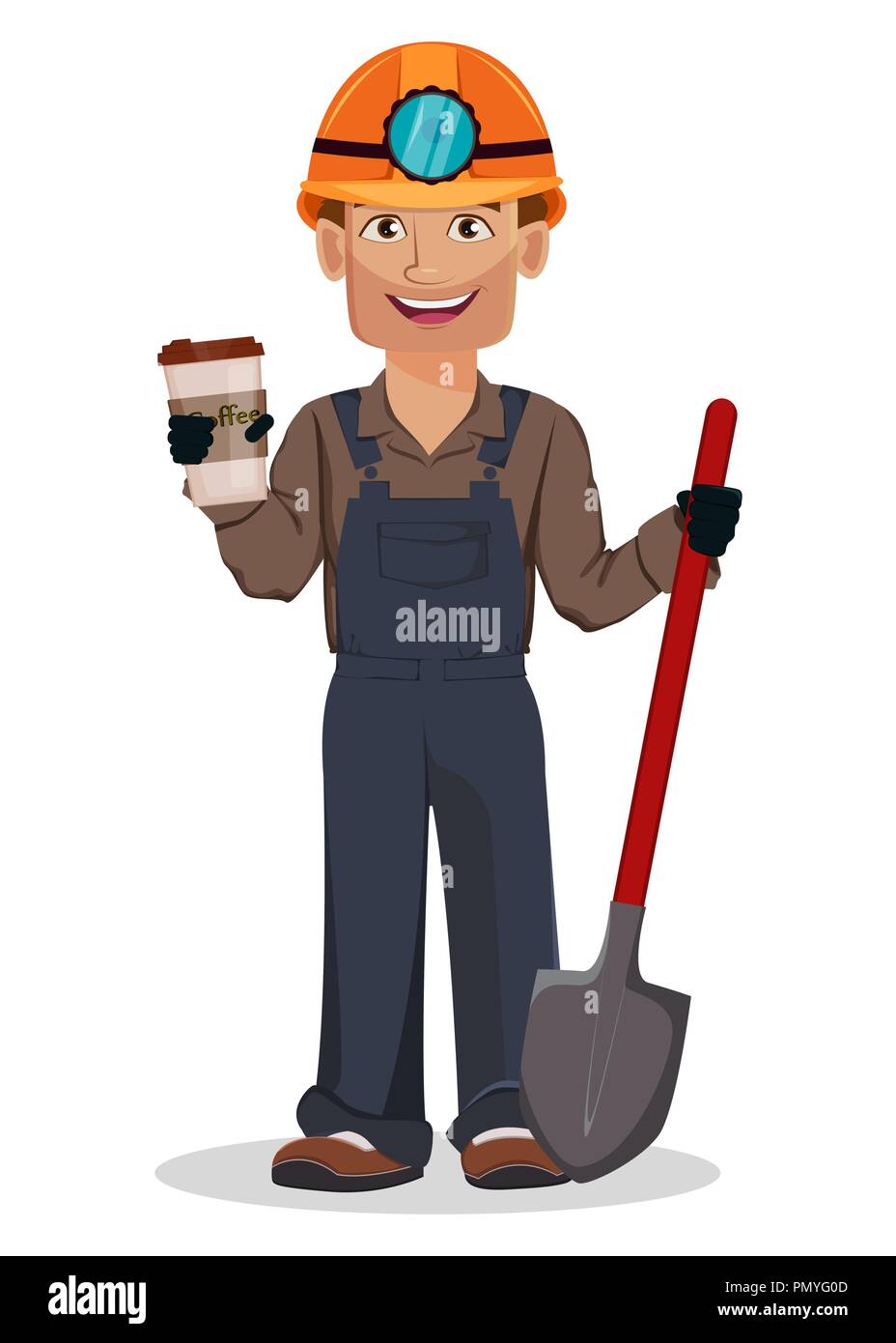 Miner man, mining worker. Handsome cartoon character holding shovel and ...