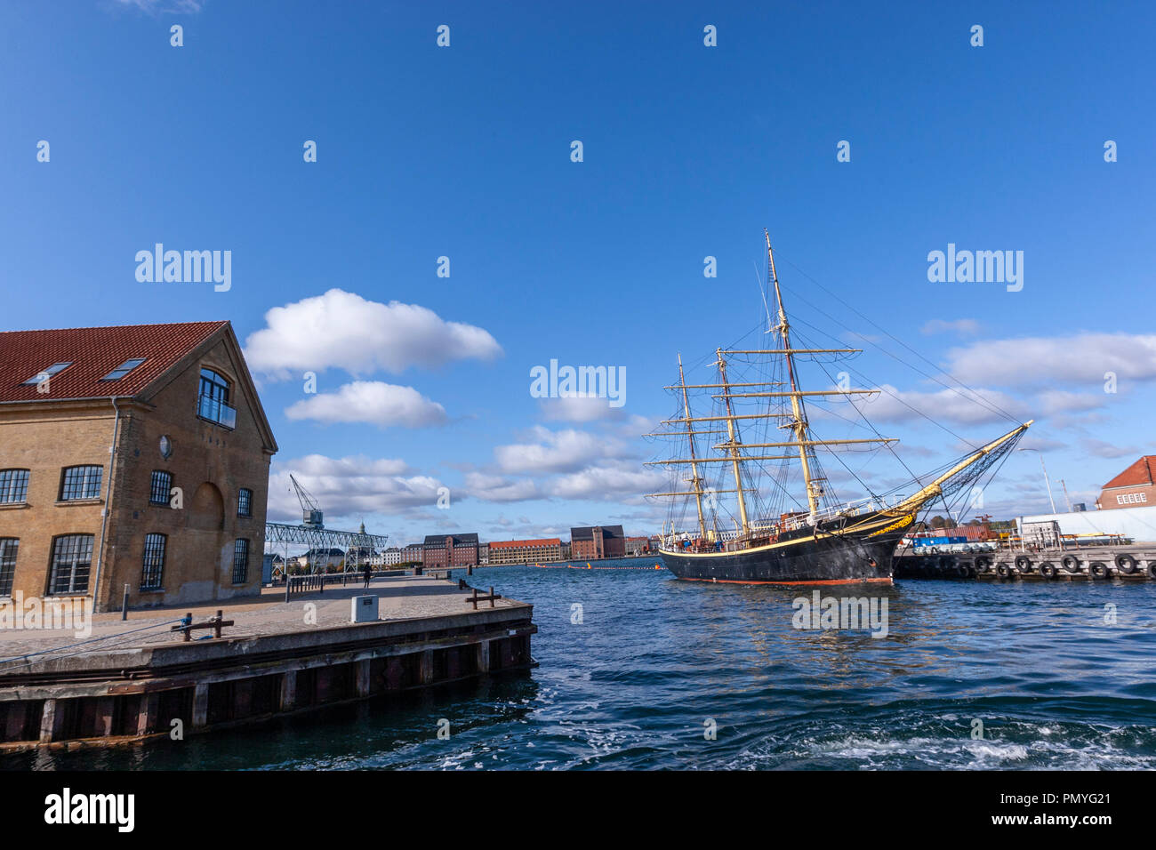 Tall Ship Georg Stage, three-masted sailing ship, mooring in Copenhagen ...