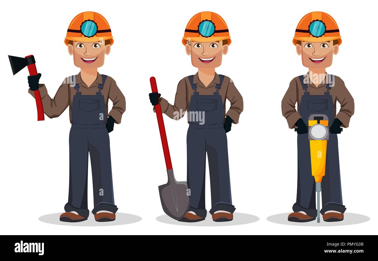 Miner man, mining worker, set of three poses. Handsome cartoon ...