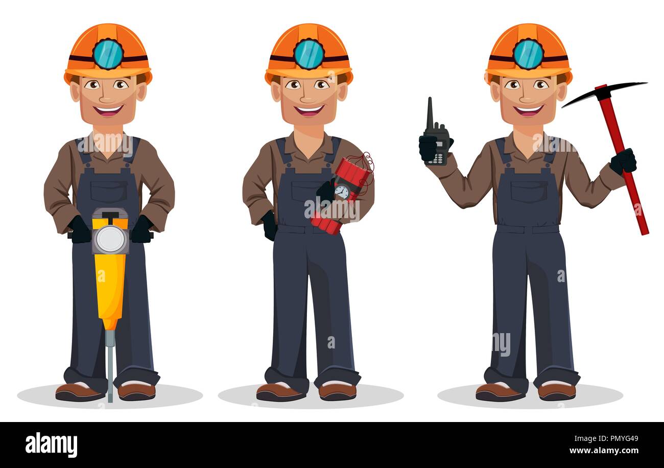 Miner man, mining worker, set of three poses. Handsome cartoon ...