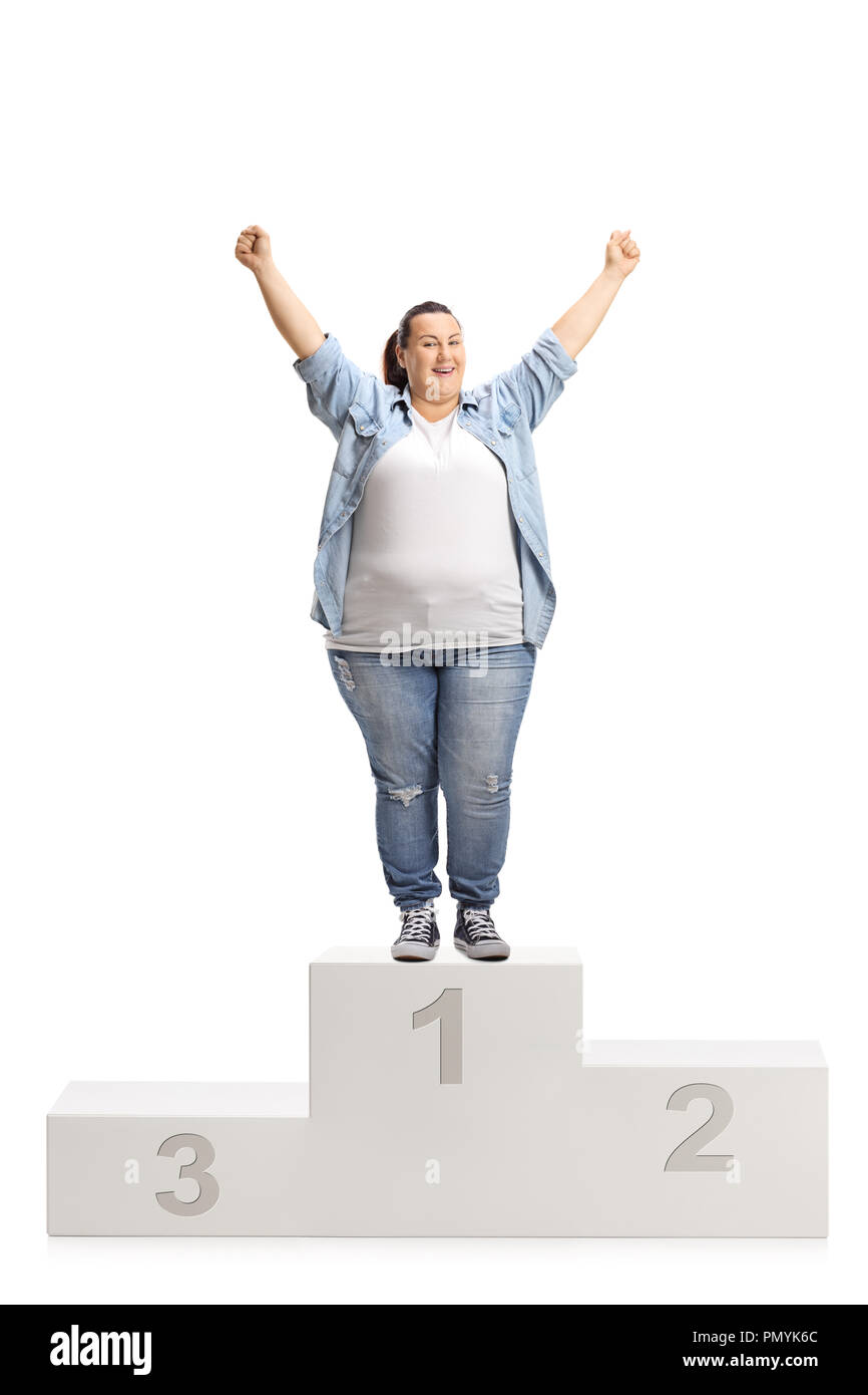 Full length portrait of an overweight woman on a winner's pedestal ...