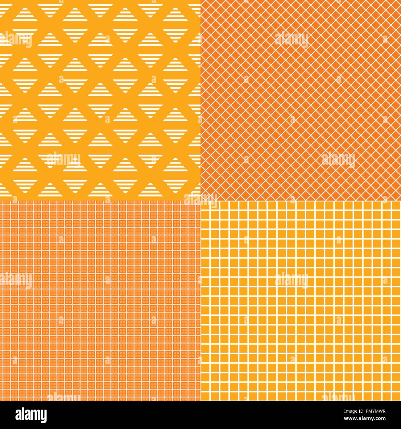 Set of striped and grid cells seamless patterns. Orange with yellow ...