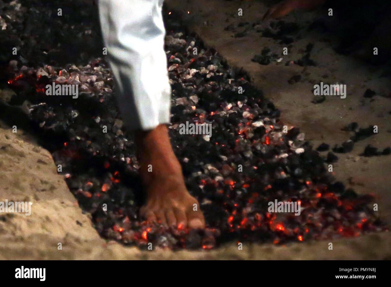 Pakistani Shiite Muslims walk across a section of burning coal to mark ...
