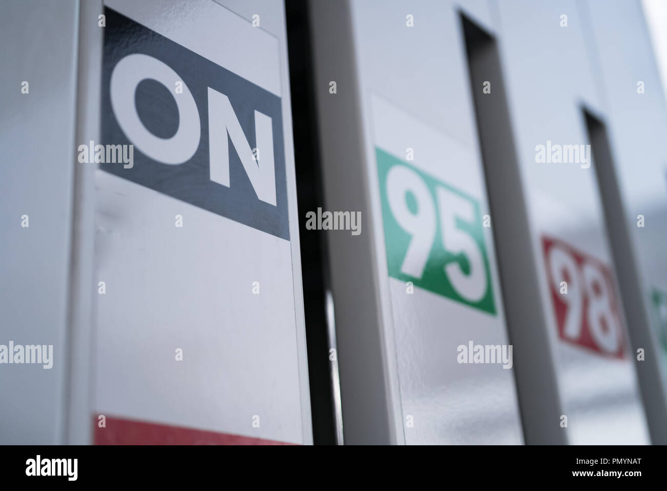 Closeup on diesel and petrol gasoline pump at the station. 95 and 98 ...