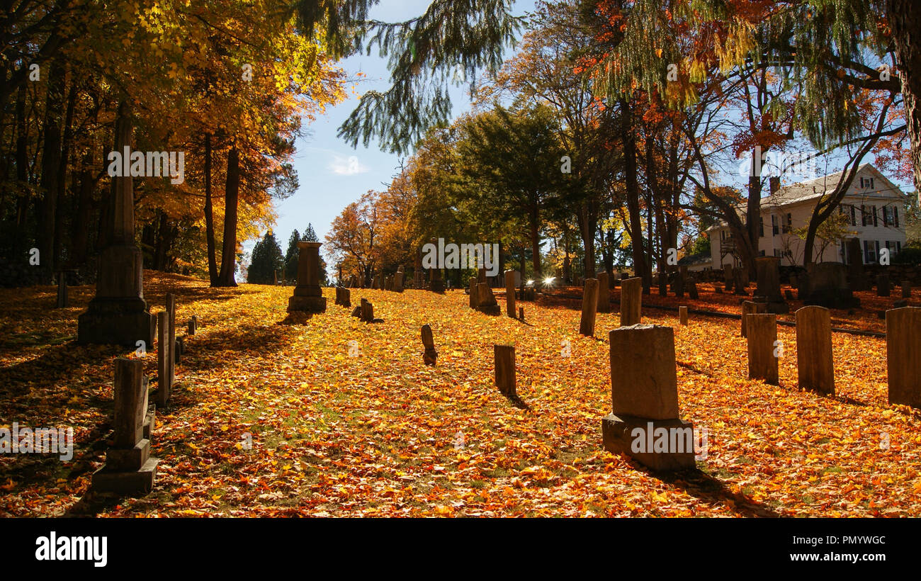 Old graveyard in a small town in New England with stonetombs ...