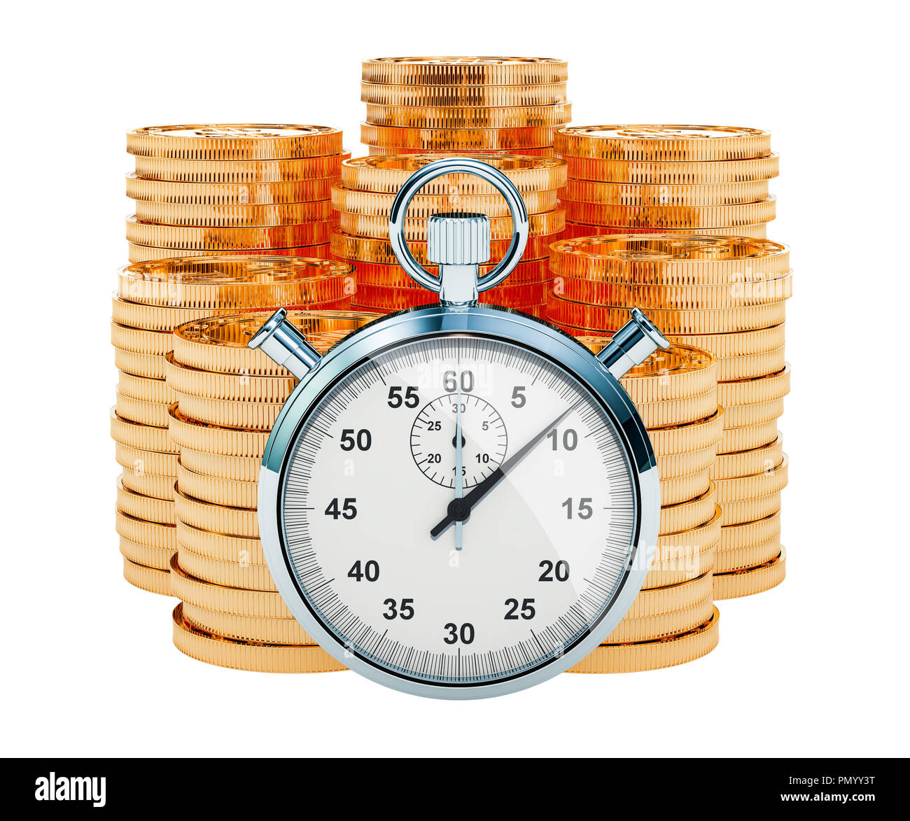 Chronometer with golden coins stack. Time is money concept, 3D ...