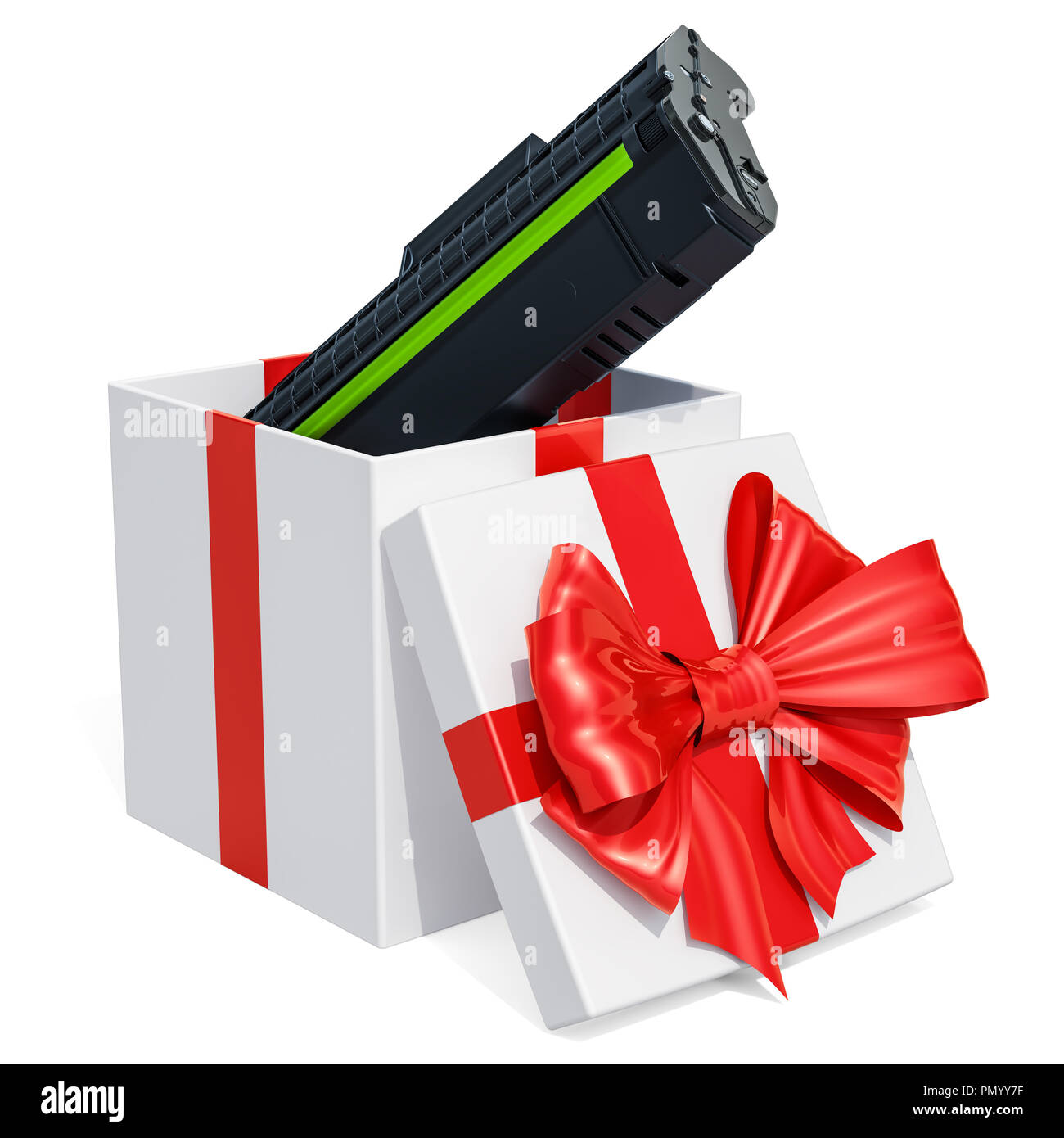 Gift concept, toner cartridge inside gift box. 3D rendering isolated on ...