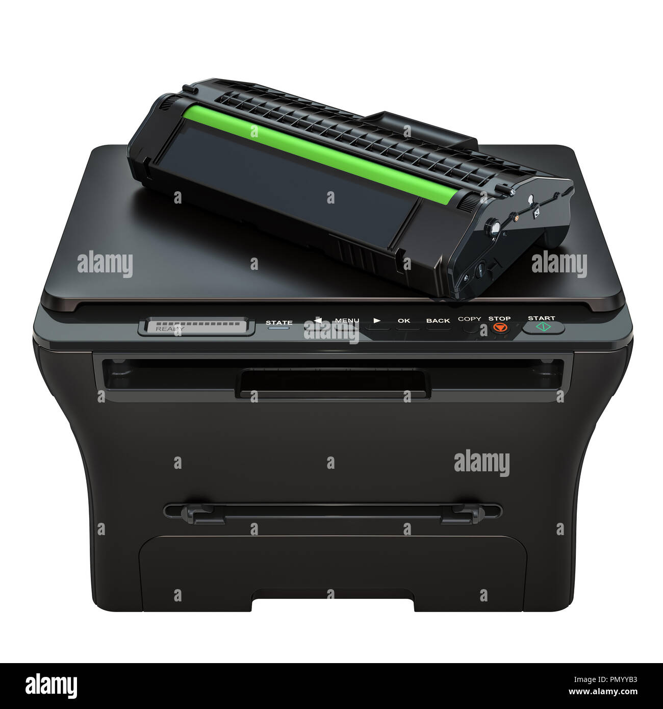 Multifunction printer with toner cartridge, 3D rendering isolated on ...