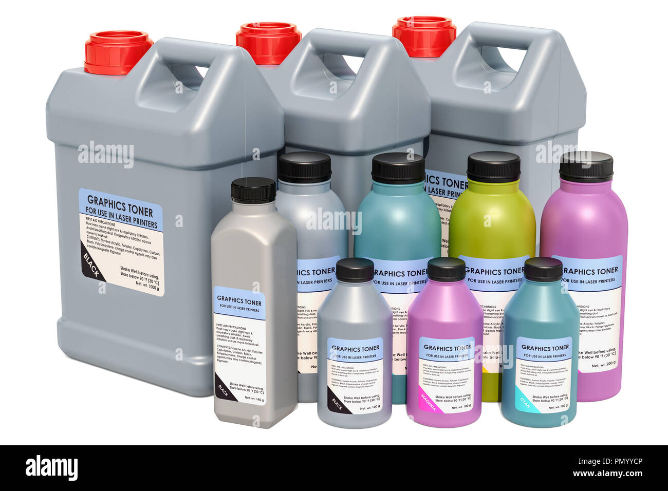 Set of colored laser toner powder in the bottles for use in laser ...