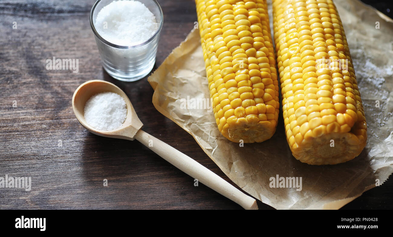 Fresh corn. Natural food from corn cob with salt. Rural Mexican Stock ...