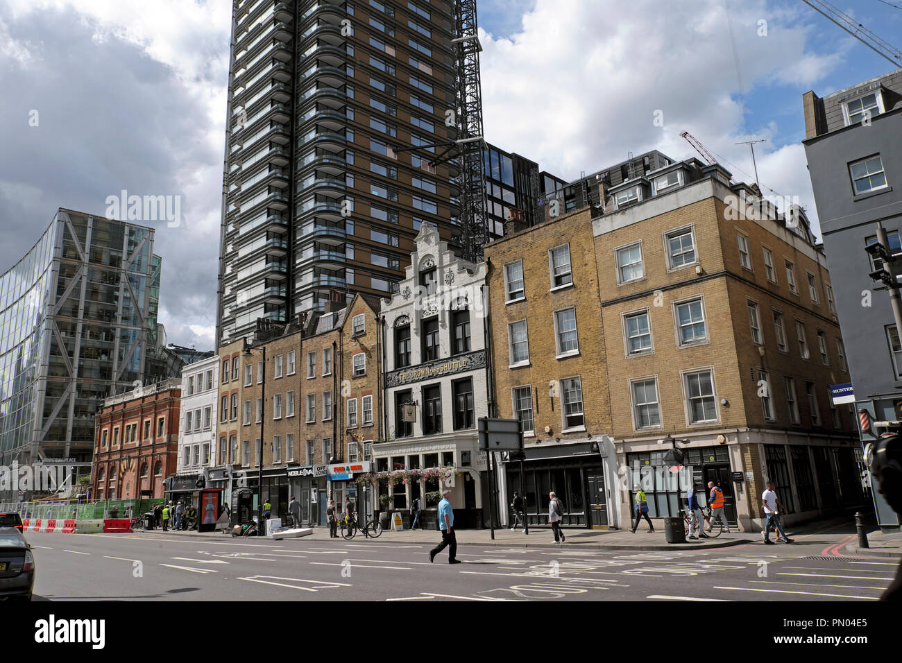 Street view of Norton Folgate and high rise modern Principal Tower in ...