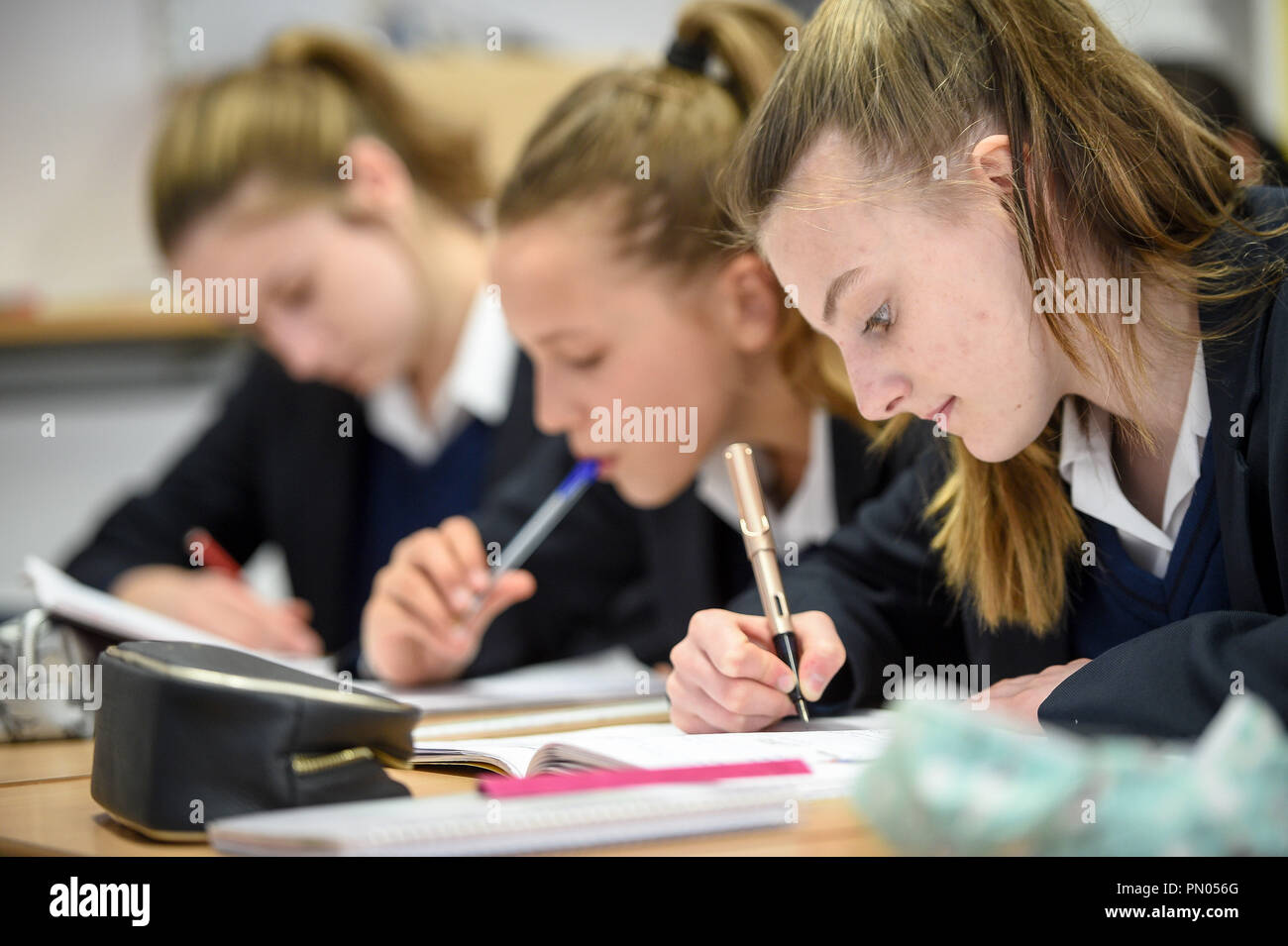Students concentrate whilst studying and write in their exercise books ...