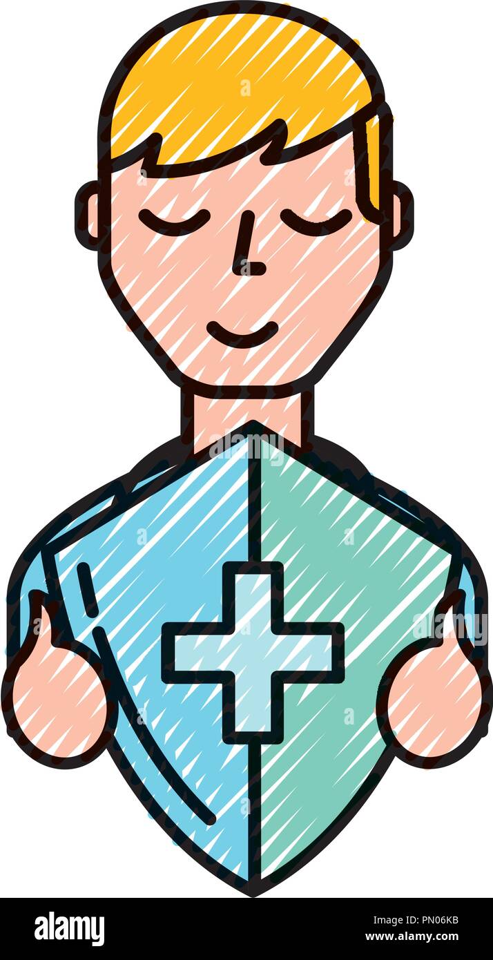 man character holding shield protection medical symbol Stock Vector ...