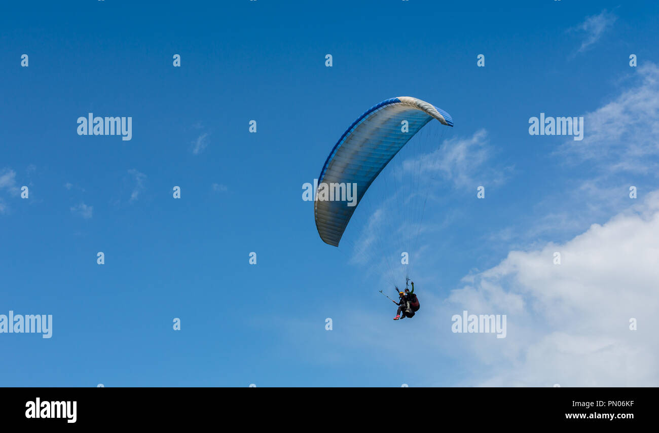 Paraglider is on the paraplane strops - soaring flight moment Stock ...