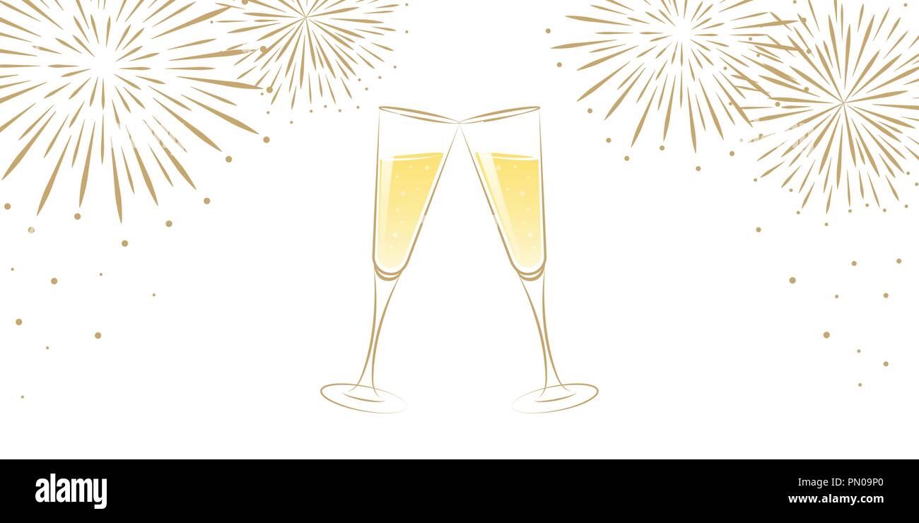 greeting card fireworks and two champagne glasses on white background ...