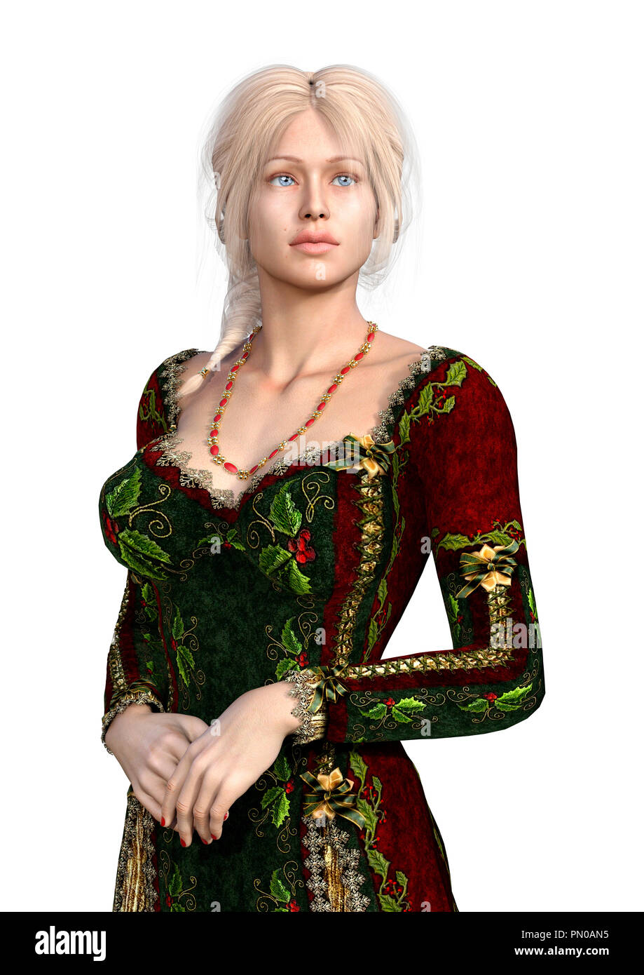 3D rendering of a beautiful fairy tale princess in a red dress isolated ...