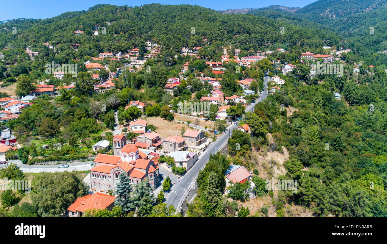 Aerial view of Pano Platres village,winter resort, on Troodos mountains ...
