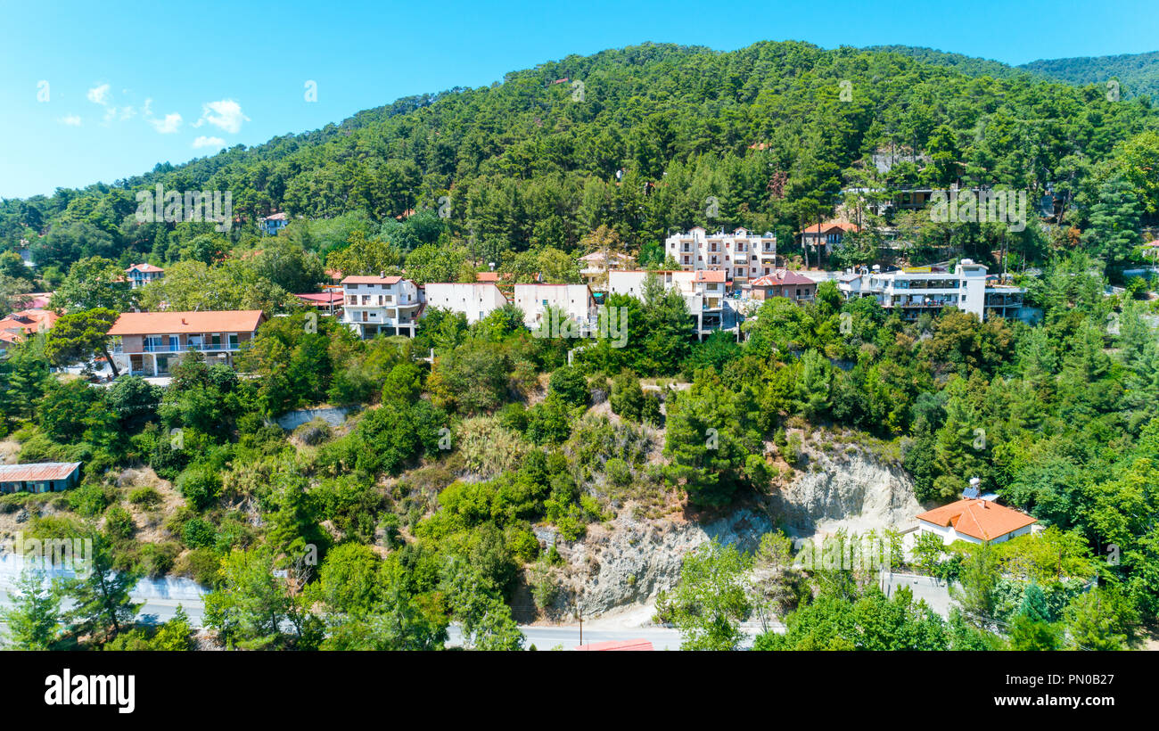 Aerial view of Pano Platres village,winter resort, on Troodos mountains ...