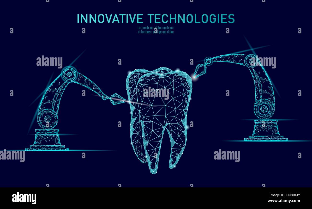 3d tooth innovation robot arm polygonal concept. Stomatology symbol low ...