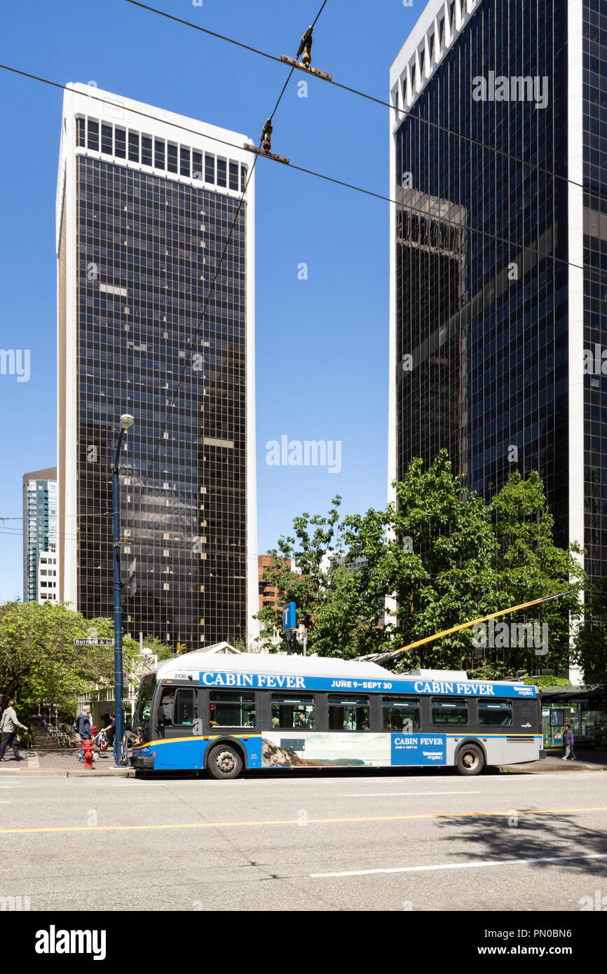 A trolley bus in Burrard Street in downtown Vancouver, British Columbia ...