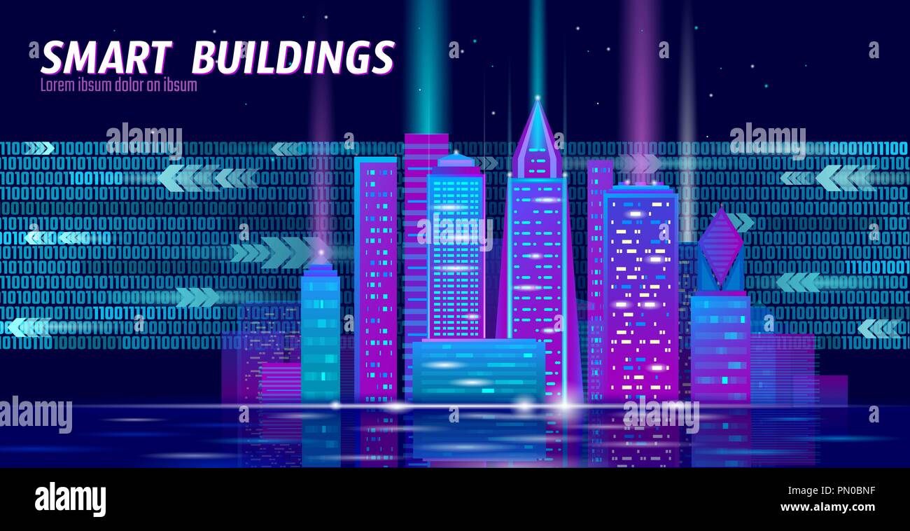 Smart city 3D neon glowing cityscape. Intelligent building automation ...