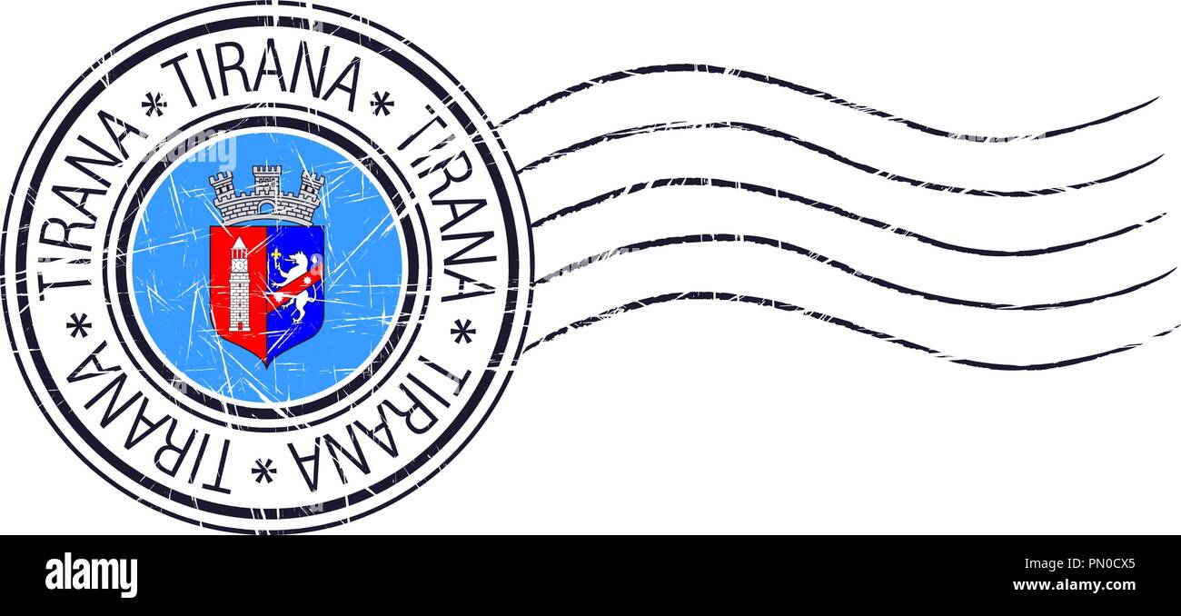 Tirana city grunge postal rubber stamp and flag on white background ...