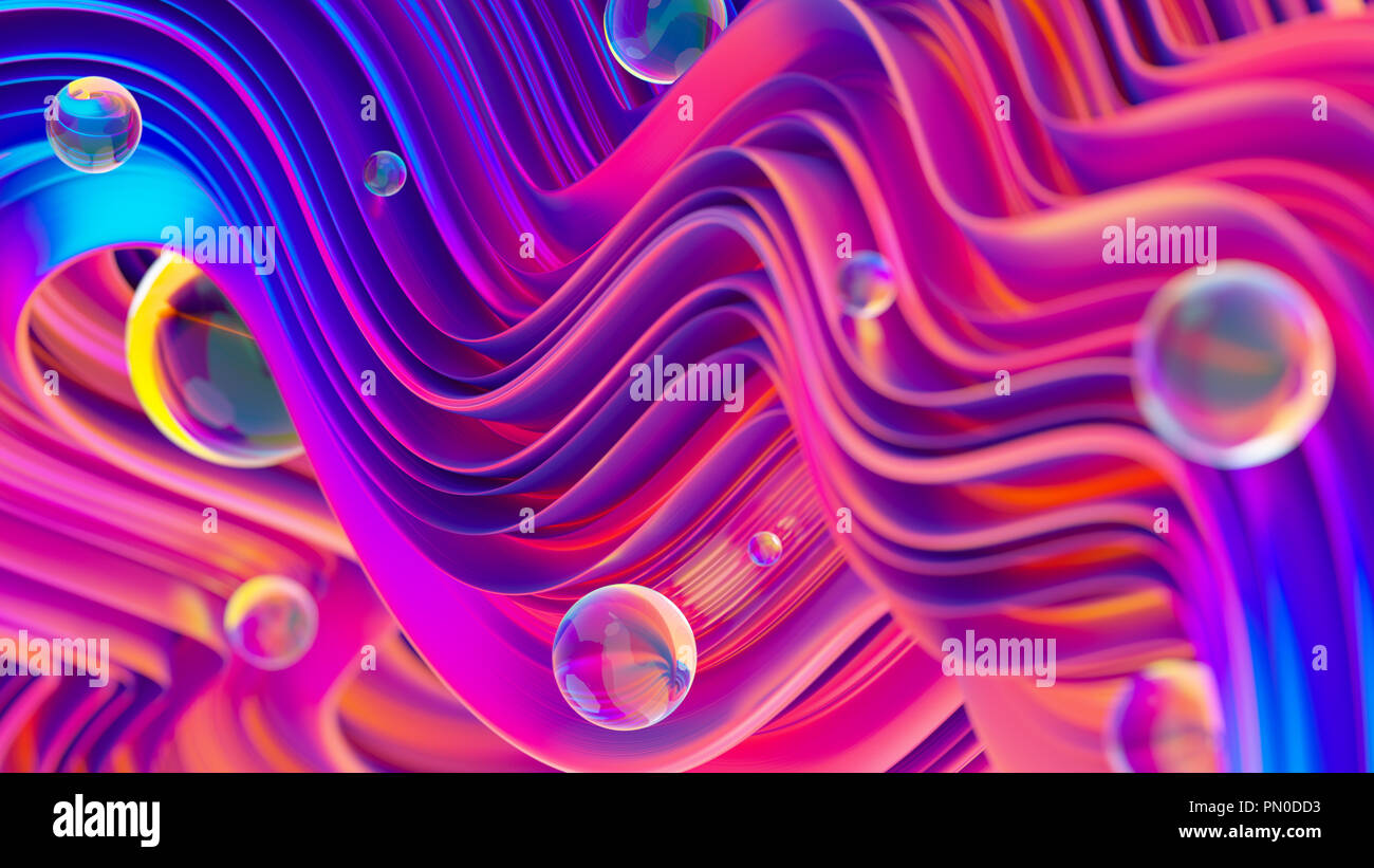 3D abstract background. Glossy bright spheres on twisted shapes Stock ...