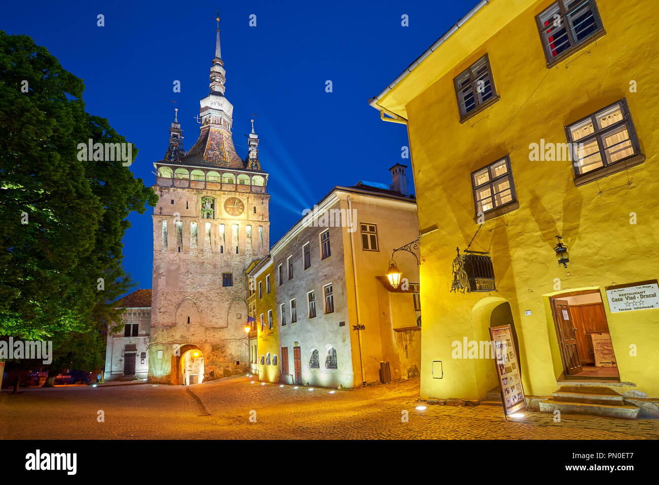 Clock Tower, Sighisoara old town at evening, Transylvania, Romania ...