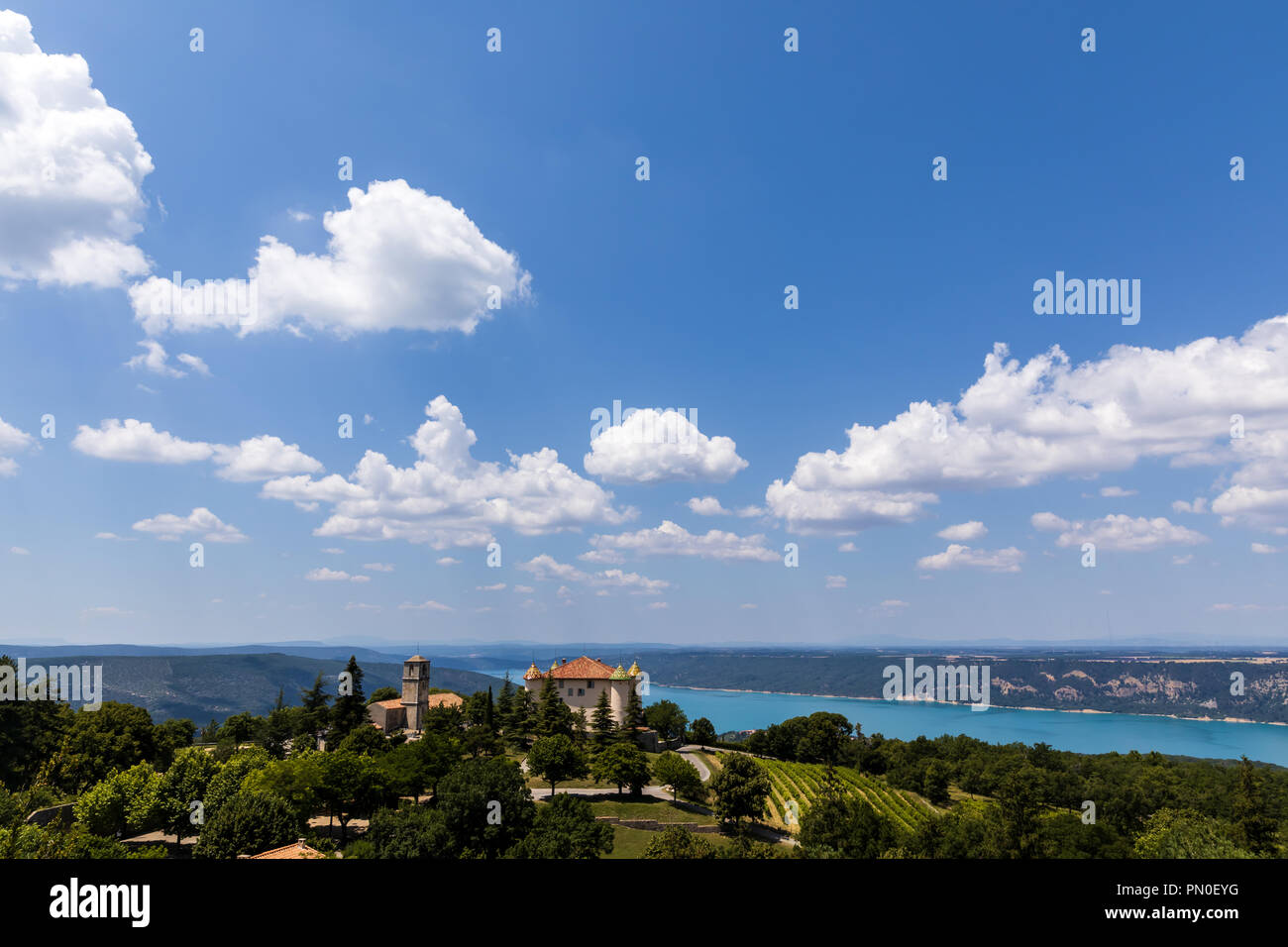 aerial view of tranquil landscape with beautiful architecture and ...