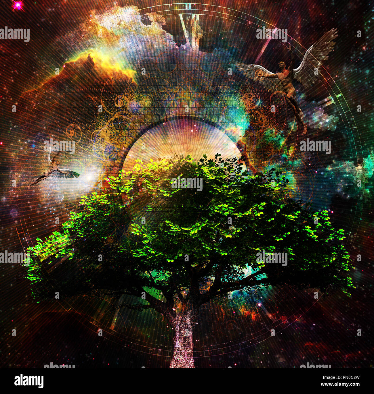 Spiritual composition. Green tree and angels Stock Photo - Alamy
