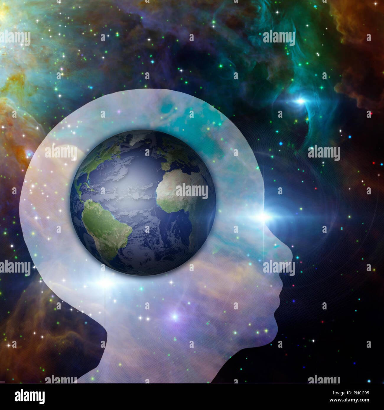 Planet Earth in human head silhouette Stock Photo - Alamy
