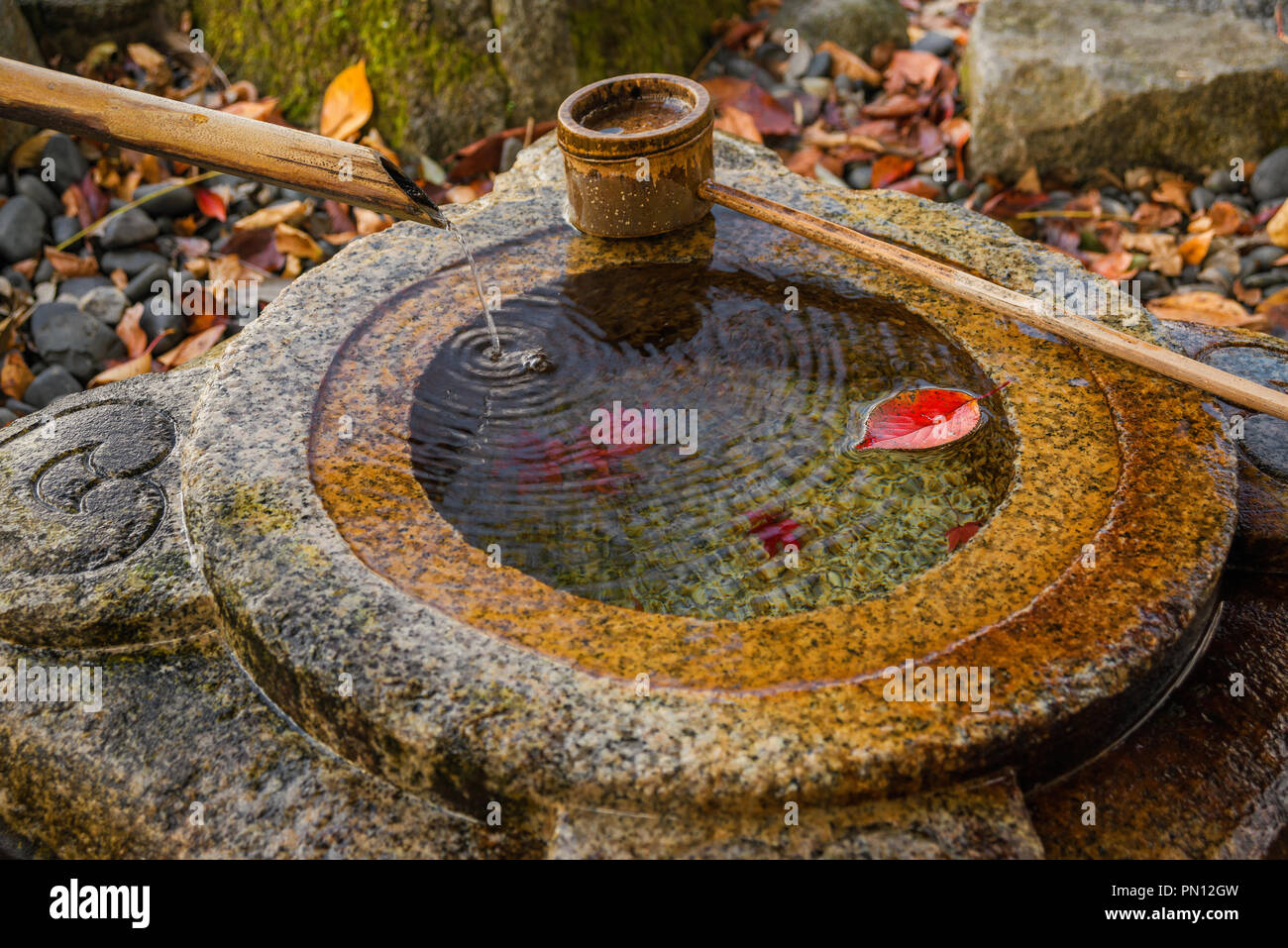 Old stone chozubachi for ritual ablution in Japan, with bamboo ladle ...
