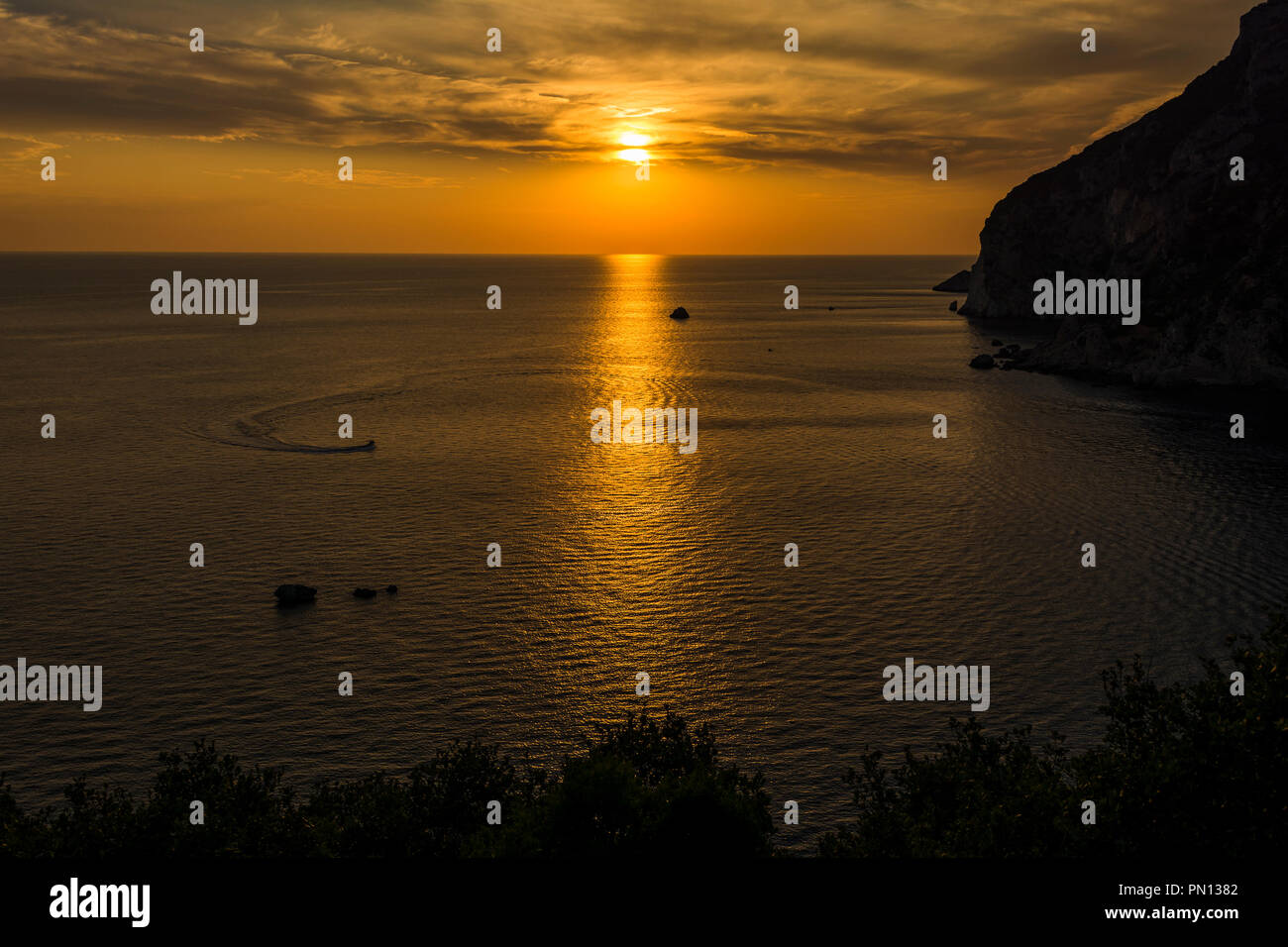 Beautiful sunset view from Paleokastritsa monastery, Corfu island ...