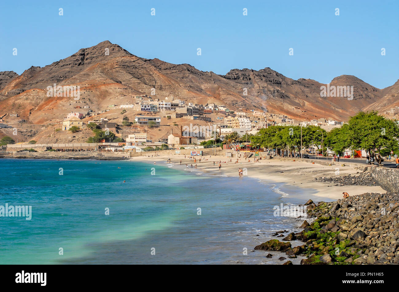 Beach of Mindelo the main city at Sao Vicente Island at the Cape Verde ...